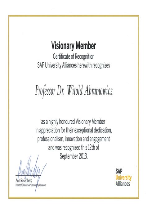 Profesor Witold Abramowicz Wyróżniony Tytułem „visionary Member” Katedra Informatyki Ekonomicznej