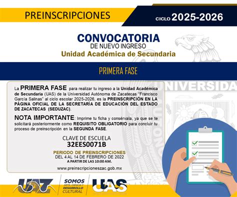 Primera Fase Preinscripciones 2025 2026 Unidad Académica Secundaria Uaz