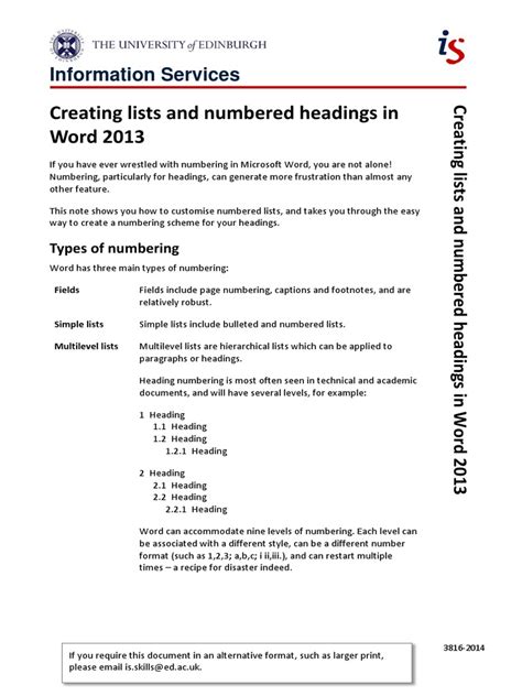 Creating Lists And Numbered Headings In Word 2013 Information Services