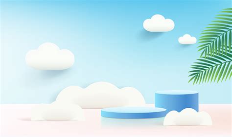 여름 디자인 구름 야자 잎을위한 귀여운 요소 3d 창조적 인 구성으로 제품 프리젠 테이션을위한 라운드 연단 0명에 대한 스톡 벡터 아트 및 기타 이미지 Istock