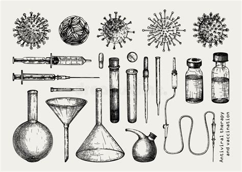 Antiviral Therapy And Vaccination Set Hand Drawn Vector Illustrations