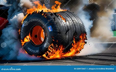 Burnout Tire Flames And Smoke Drifting Wheels Highs Speed Wheel On Fire Stock Image Image Of