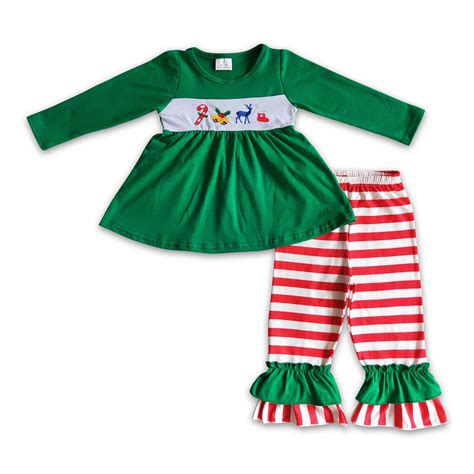 Candy Cane Jingle Bell Deer Embroidery Girls Christmas Clothes Yawoo
