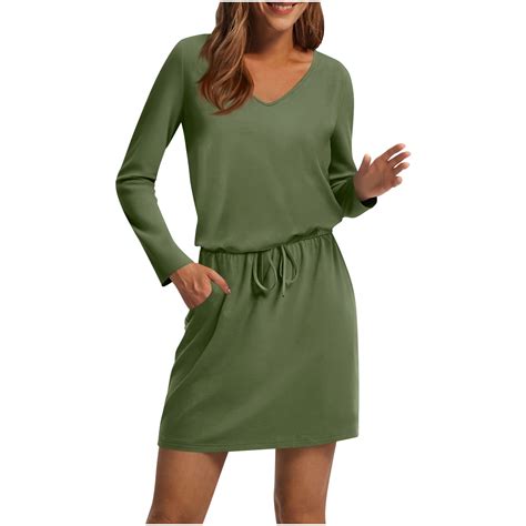 Drawstring Mini Dress For Women Long Sleeve V Neck Tshirt Dress Fall