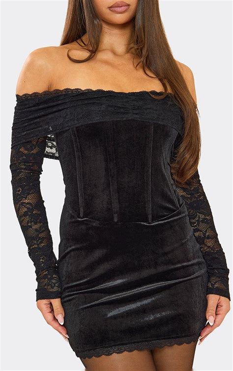 Bardot Fold Over Contrast Lace Corset Detail Mini Dress In Black Velvet