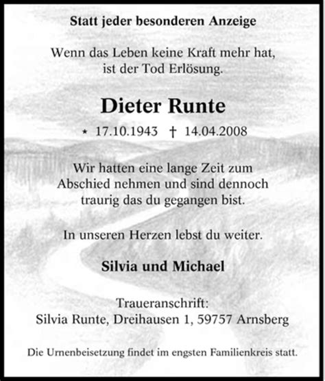 Traueranzeigen Von Dieter Runte Trauer In Nrw De