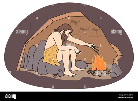 Caveman Sitting In Cave Near Bonfire Warming Male Prehistoric Person