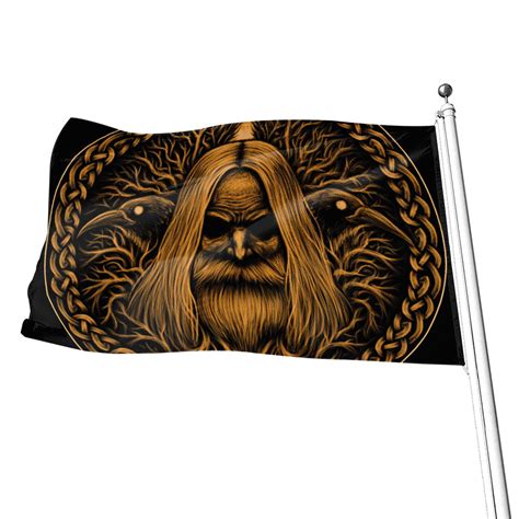 Gold Odin With Huginn And Muninn Print Flag Gearfrost