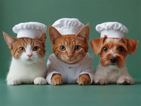 Three Adorable Pets Cat And Two Dogs Dressed In Chef Uniforms
