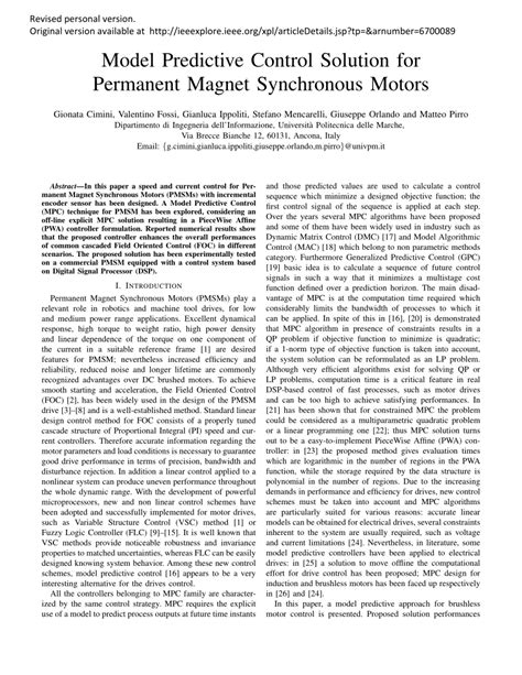 Pdf Model Predictive Control Solution For Permanent Magnet Synchronous Motors