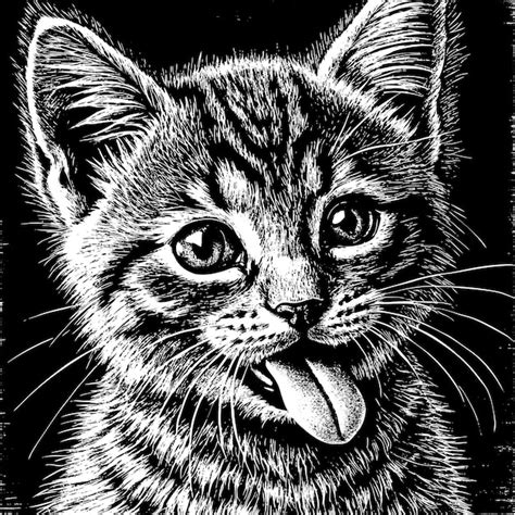 A Black And White Drawing Of A Cat With Its Tongue Out Premium Ai