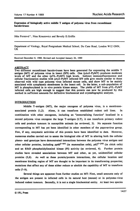 Pdf Expression Of Biologically Active Middle T Antigen Of Polyoma Virus From Recombinant