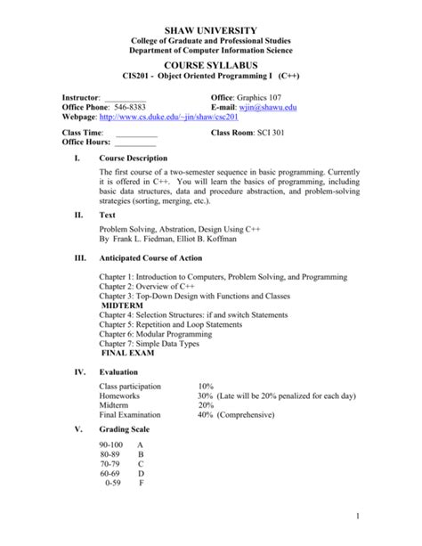 Cis201 C Programming I Syllabus Shaw University