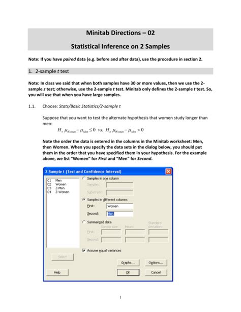 minitab directions 02 statistical inference on 2 samples