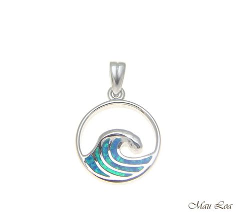 925 Sterling Silver Rhodium Hawaiian 15mm Ocean Wave Blue Opal Pendant