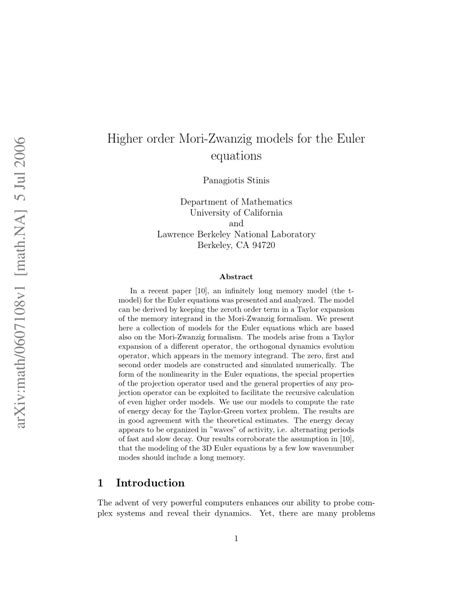 pdf higher order mori zwanzig models for the euler equations
