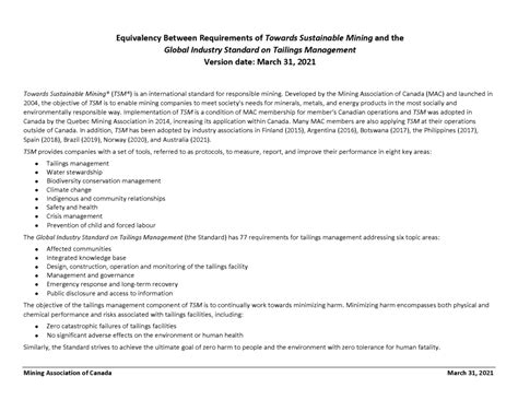 Mac Assessment Of Equivalency Between Tsm And The Standard The Mining