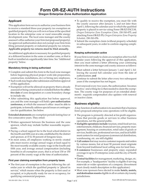 Download Instructions For Form Or Ez Auth 150 303 029 Oregon Enterprise Zone Authorization