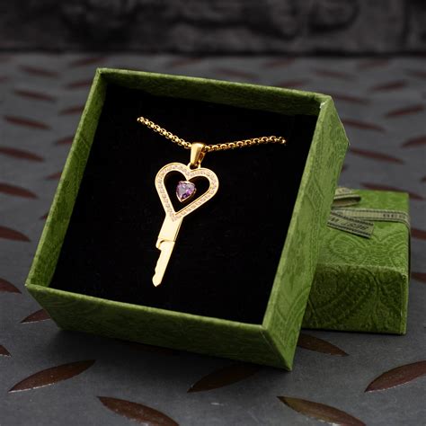 MATURE Gold Heart Shaped Chastity Key Necklace With Gemstones Cock Cage Lock Key BDSM Chastity