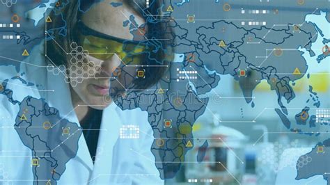 Upon World Map Overlay Fading In Research Scientist Leaning Over Bench Monitoring Health Data