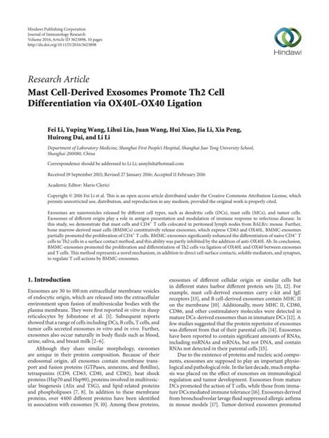 Pdf Research Article Mast Cell Derived Exosomes Promote Th2 Journals