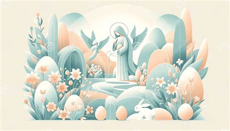 Illustration Of Easter Scene In Paradise With Virgin Mary Easter Bunny Easter Eggs In Soft