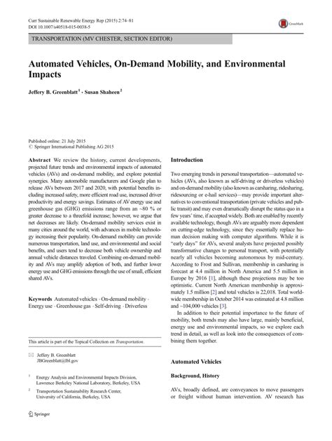 Pdf Automated Vehicles On Demand Mobility And Environmental Impacts