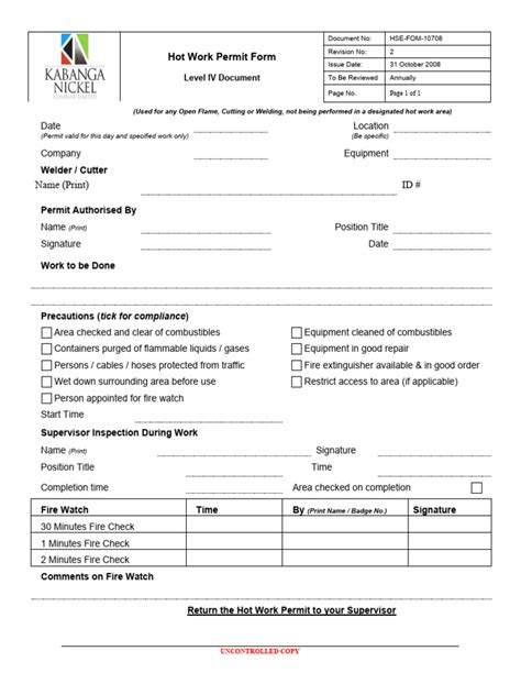 Hot Work Permit Template Form Pdf Fires Welding
