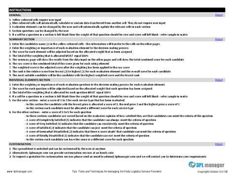Logistics Service Provider Evaluation Matrix Template Excel Xls