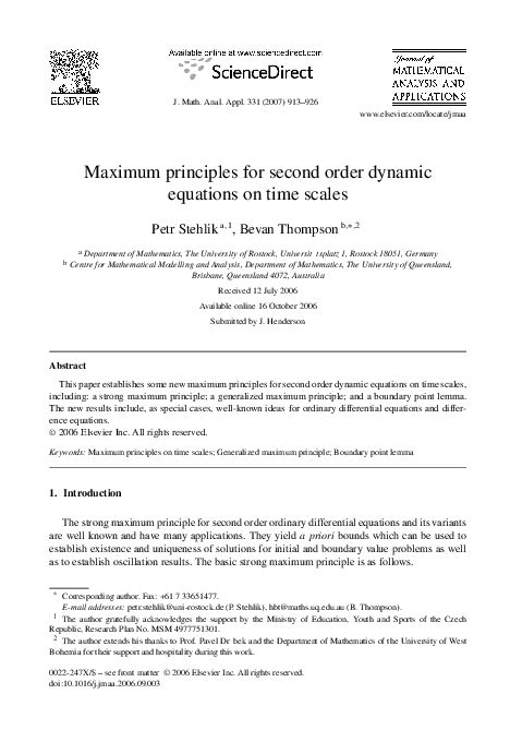 Pdf Maximum Principles For Second Order Dynamic Equations On Time Scales