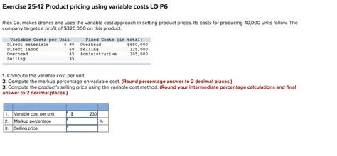 Solved Exercise Product Pricing Using Variable Costs Chegg