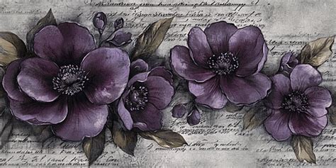 Dark Purple Flowers On A Vintage Script Background Flowers Script