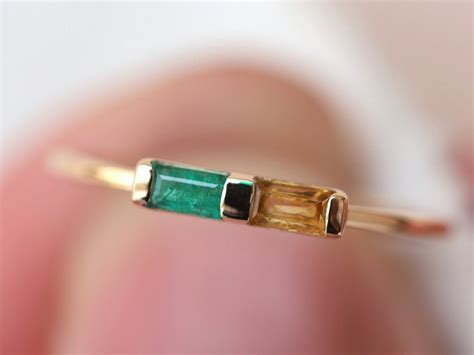 Emerald And Citrine Baguette Stacking Ring Dual Gemstone Stackable