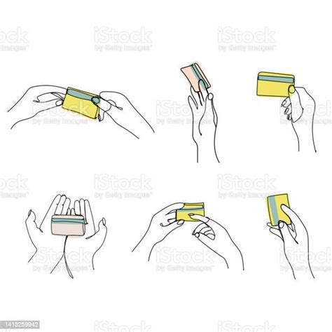 지갑으로 그린 한 줄 손을 설정합니다 은행 신용 카드 템플릿을 들고 손의 연속 한 줄 그리기 근접 촬영 흰색 배경에 고립된 벡터 일러스트 레이 션 개체 그룹에 대한 스톡