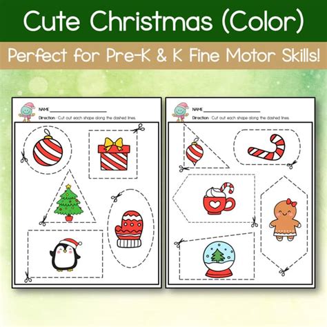 Christmas Cutting Simple Shapes Kindergarten Scissor Skill Worksheets