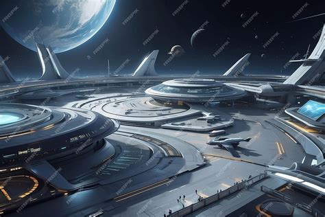 Premium Photo Futuristic Spaceport Terminal 3d Background