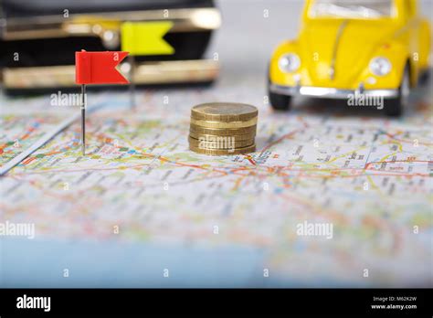 Wallet Coins Pass On A Map Closeup Coins On A Map Mini Car In The