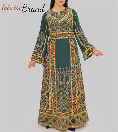 Amazing Green Palestinian Embroidered Thobe Dress With Astonishing