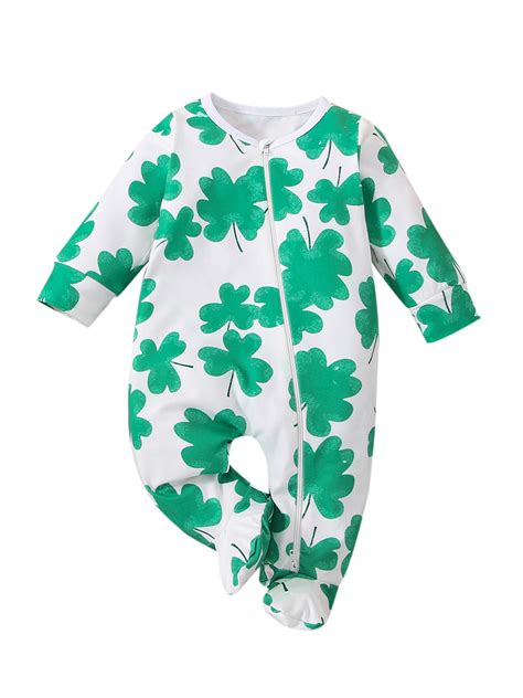 Cathery Newborn Baby Boy Girl St Patrick S Day Long Sleeve Footies Four Leaf Clover Print Zipper