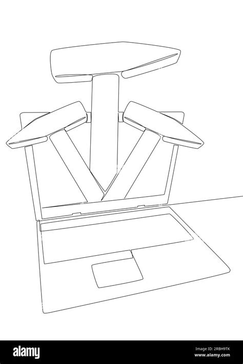 One Continuous Line Of Laptop With Hammer Thin Line Illustration Vector Concept Contour