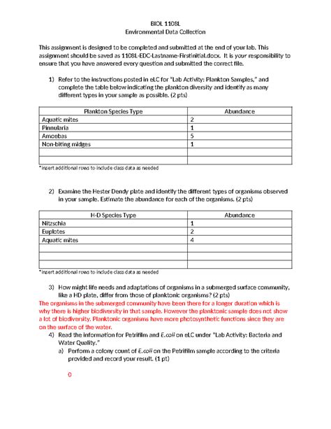 Environmental Data Collection Biol 1108l Environmental Data