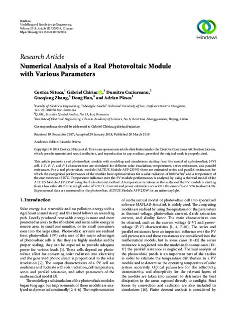 Pdf Numerical Analysis Of A Real Photovoltaic Module With Various Parameters