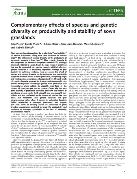 Pdf Complementary Effects Of Species And Genetic Diversity On