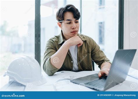 Engineering Department With Work Design Structure Building Or House Using Blueprint Computer At