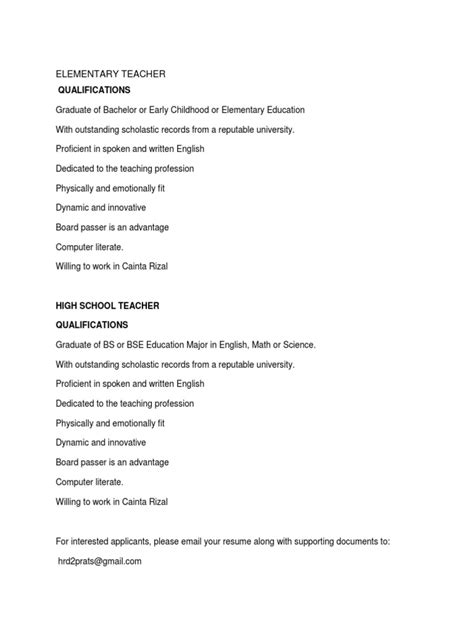 Elementary Teacher Qualifications Pdf