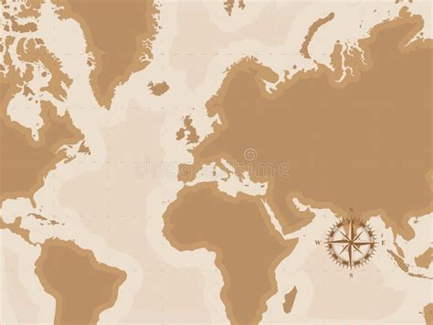 Brown Retro World Map With Compass Flat Vector Illustration Eps10 Stock Illustration