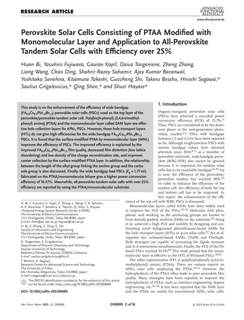 Perovskite Solar Cells Consisting Of Ptaa Modified With Monomolecular