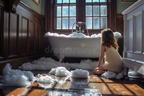 Young Girl Sitting On A Bathroom Floor Overflowing Foam Bath In Front