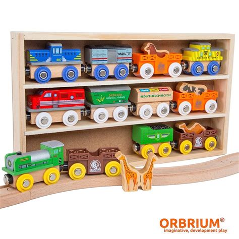 Orbrium Toys 12 18 Pcs Wooden Engines And Train Cars Collection With