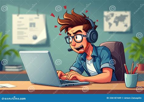 Funny Illustration Of Young Angry Man In Office Typing Furiously On
